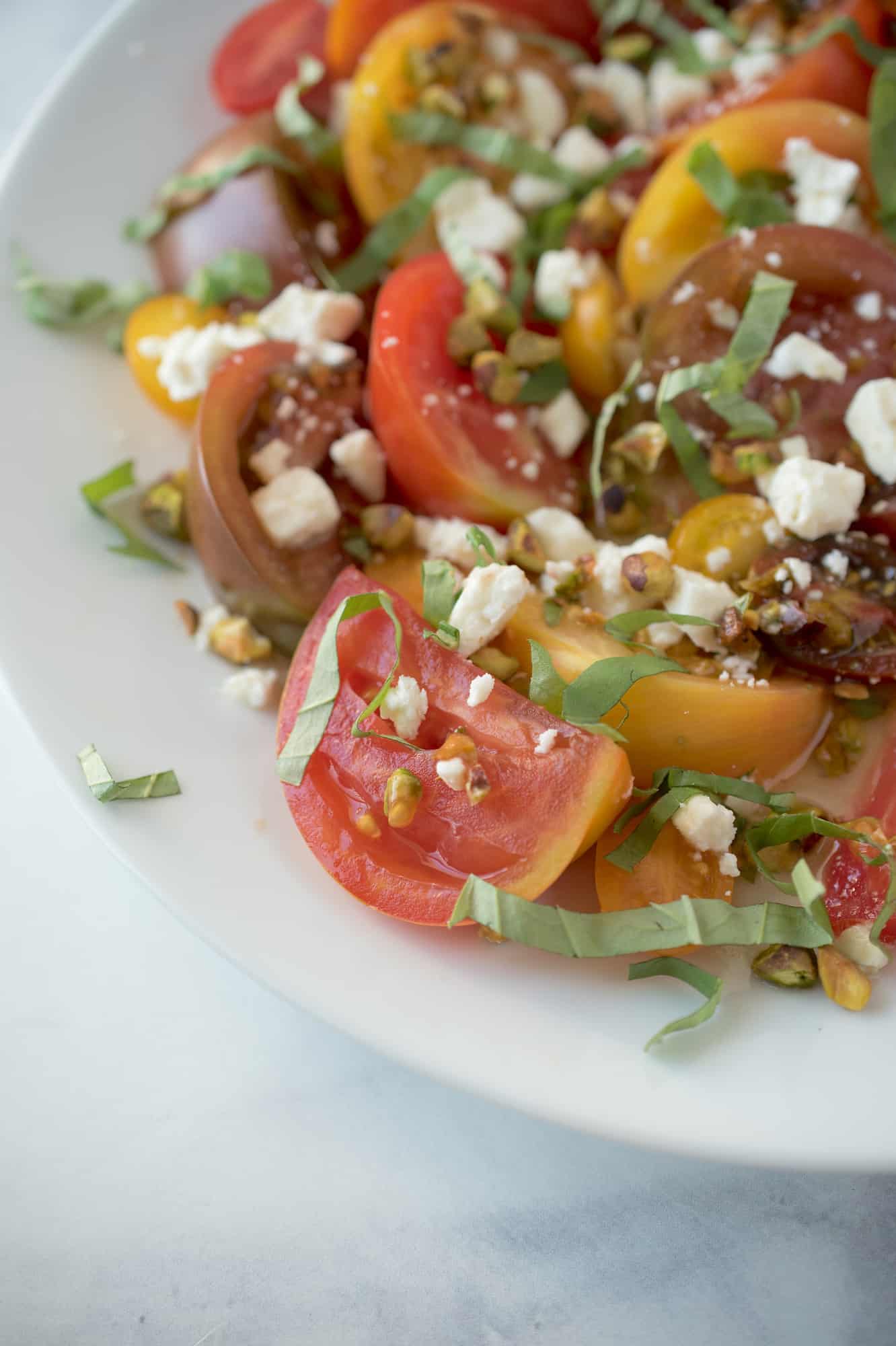 Heirloom tomato salad with feta and pistachios