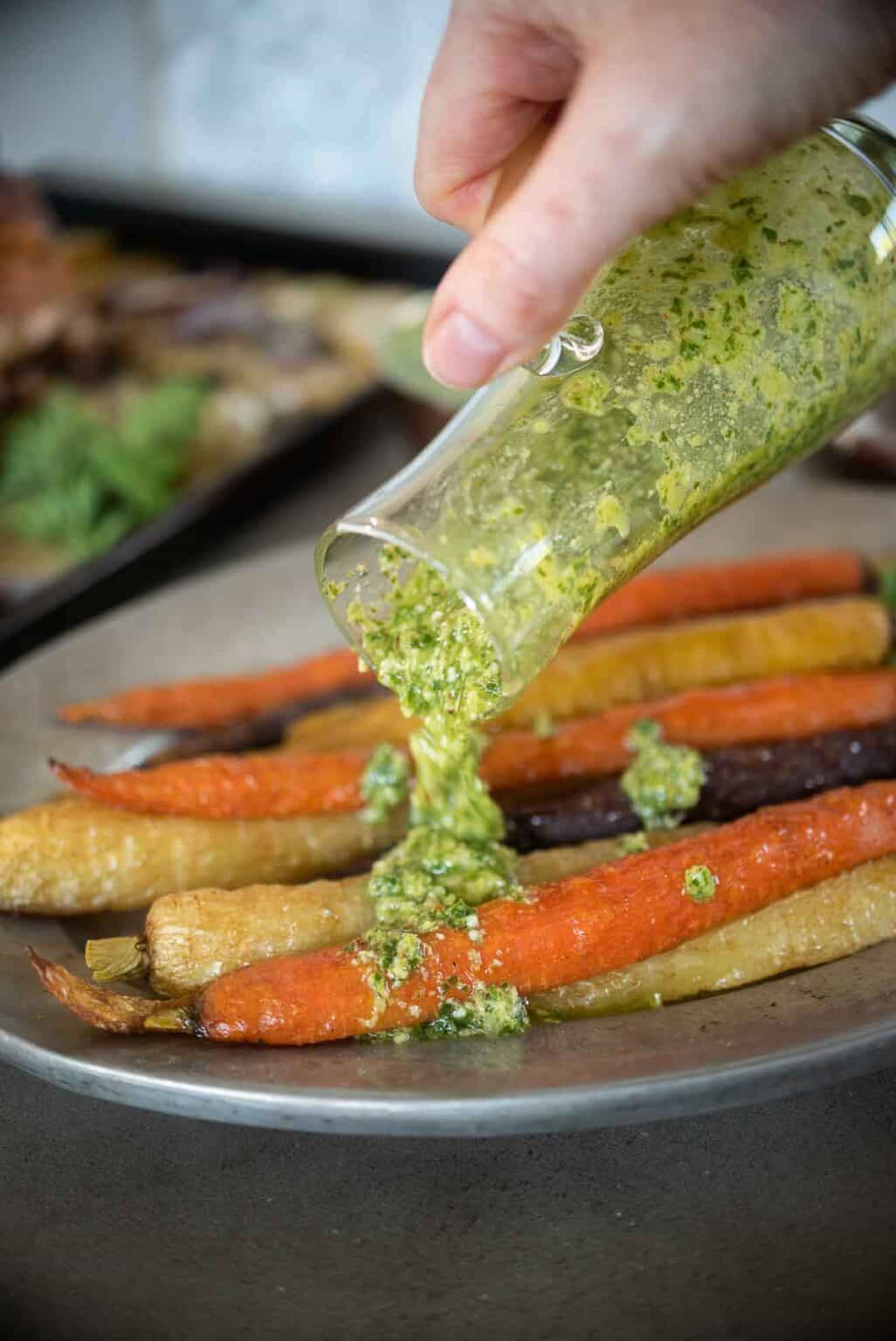 Roasted Carrots with Green Spring Garlic Pest - Culinary Ginger
