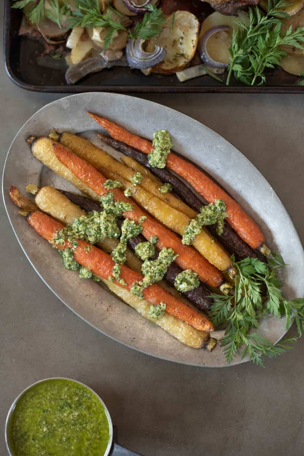 Roasted Carrots with Green Spring Garlic Pest - Culinary Ginger